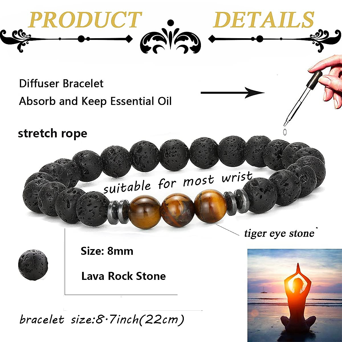 MOZAKA 12Pcs 8mm Natural Stone Lava Rock Beaded Bracelets for Men Women Tiger Eye Hematite Black Onyx Matte Beads Essential Oil Diffuser Lava Stone Bead Bracelets Bulk (12Pcs-B)