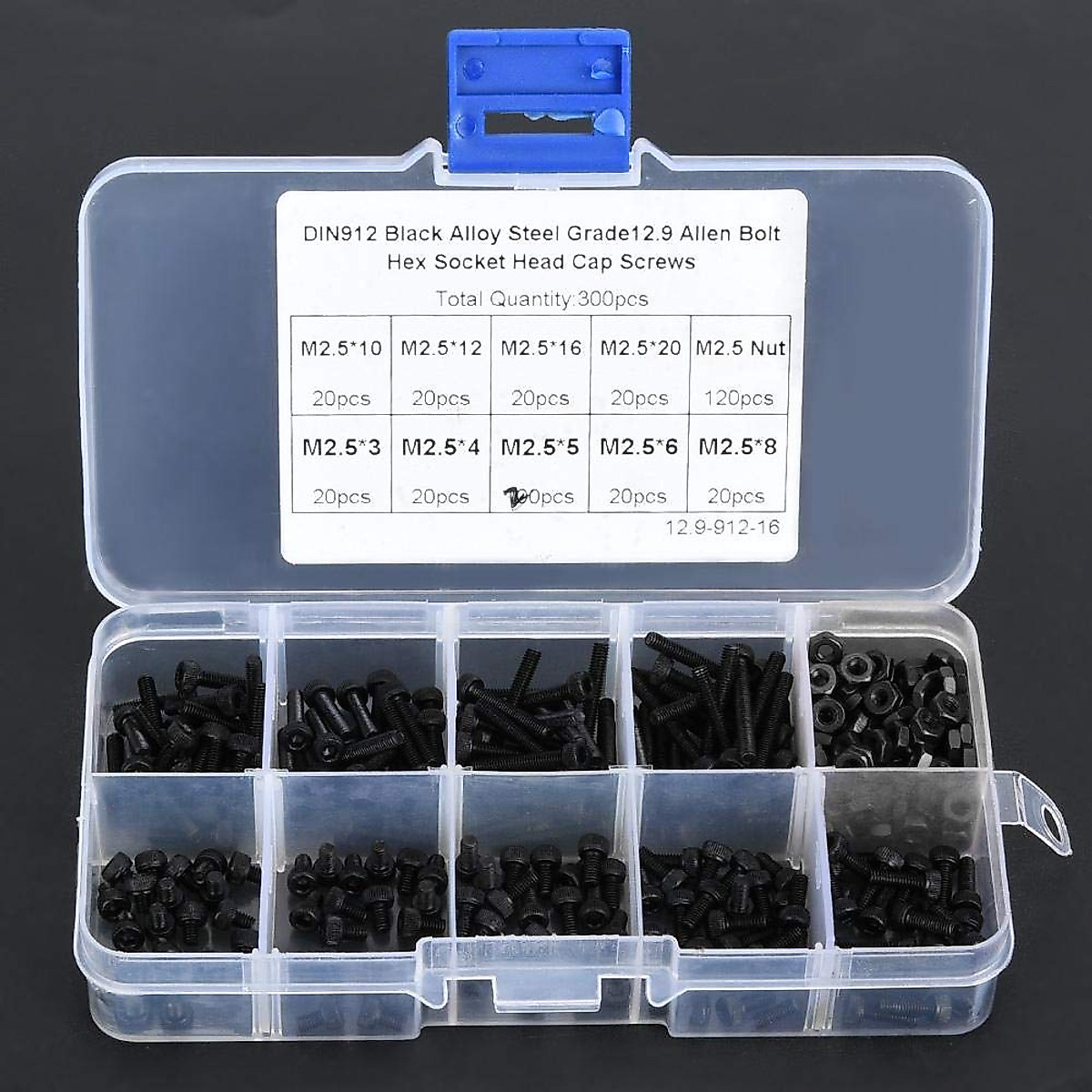 M2.5 x 3-20mm Alloy Steel Socket Head Screws, Black Screw Bolt with Nut, 300Pcs Socket Head Cap Screw Fastener for Professionals Amateurs