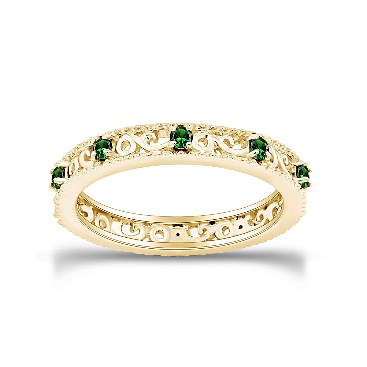 Jewel Zone US Round Cut Simulated Green Emerald Stackable Ring in 14K Yellow Gold Over Sterling Silver Ring Size-8.5