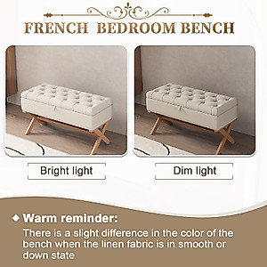 Bonzy Home Tufted Entryway Storage Bench, 36" French Vintage Bedroom Dining Room Benches with X-Shaped Legs, Fabric End of Bed Bench for Bedroom Dining Room Living Room Entryway, Beige