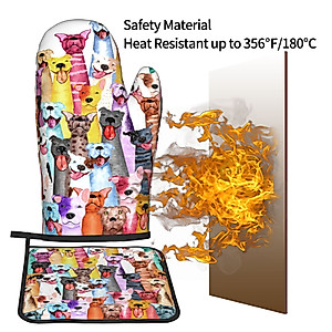 Cute American Pit Bull Terrier Dogs Puppy Lovers Colorful Tie Dye Oven Mitts and Pot Holders Sets Reusable Soft Cotton Heat Resistant Oven Gloves For Kitchen Microwave BBQ Baking Print Oven Mitt Gifts