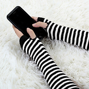 Allegra K Women's Fingerless Gloves Printed Elbow Length Knitted Arm Warmers One Size Black-White