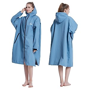 Oksun Oversized Waterproof Swim Parka: Windproof Warm Swimming Coat - Water Resistant Jacket - Thin Fleece Lined Surf Poncho (L-XL, Blue)