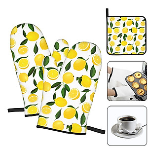 Lemon Oven Mitts and Pot Holders Sets of 3,Resistant Hot Pads with Polyester Non-Slip BBQ Gloves for Kitchen,Cooking,Baking,Grilling