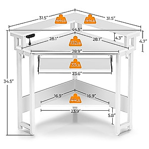 Rolanstar Corner Desk, 44.5"W x 34.5"H Small Computer Desk with Power Outlets & LED Lights, Triangle corner computer desk with Keyboard Tray & Monitor Stand for Small Space, Small Office Desk, White
