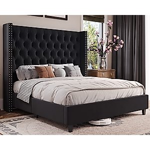 Jocisland Queen Bed Frame Wingback Headboard Upholstered Bed Velvet Tufted Deep Button/No Box Spring Needed/Easy Assembly/Black