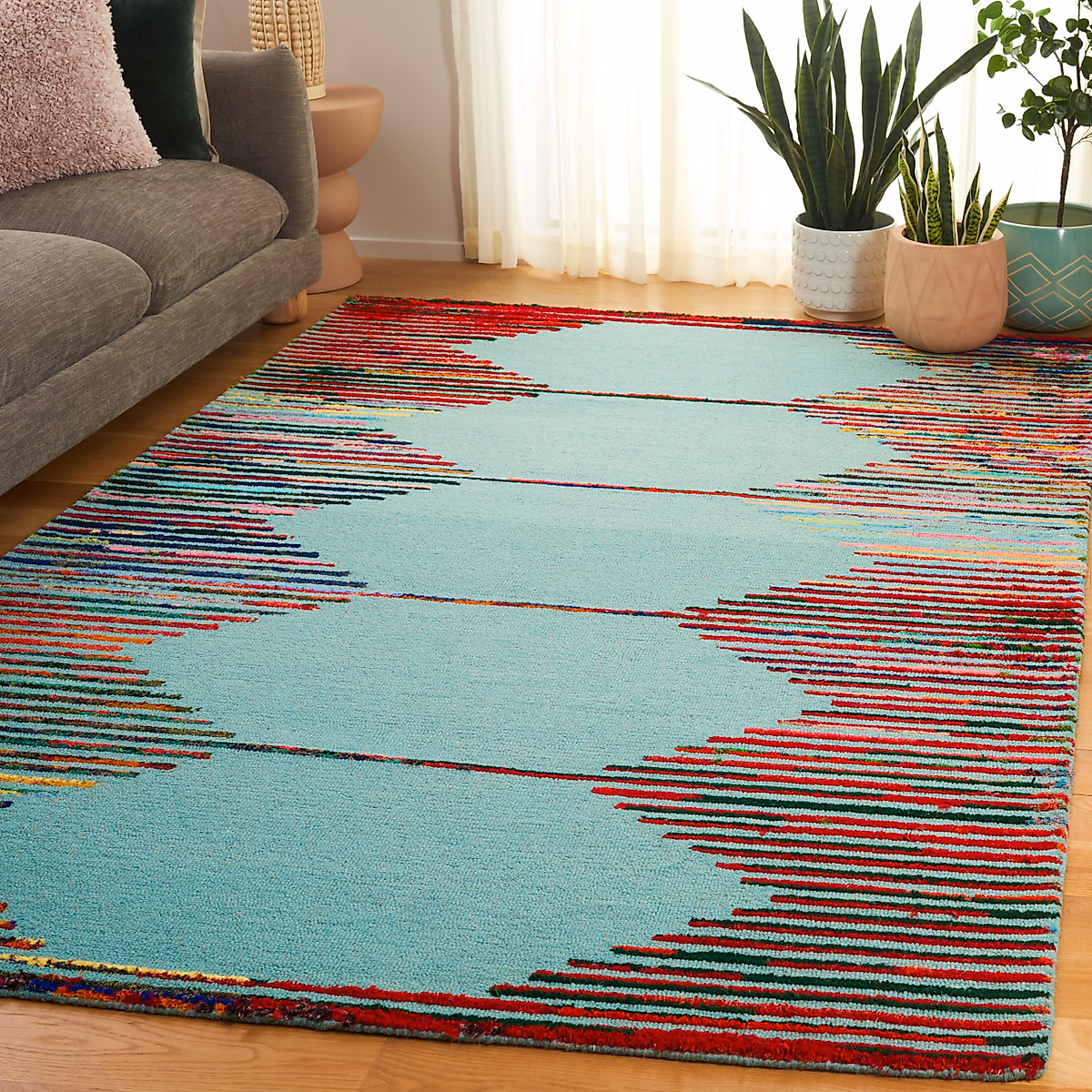 SAFAVIEH Nantucket Collection Area Rug - 6' x 9', Teal & Red, Handmade Cotton & Wool, Boho Design, Ideal for The Living Room, Bedroom, Dining Room (NAN605W-6)