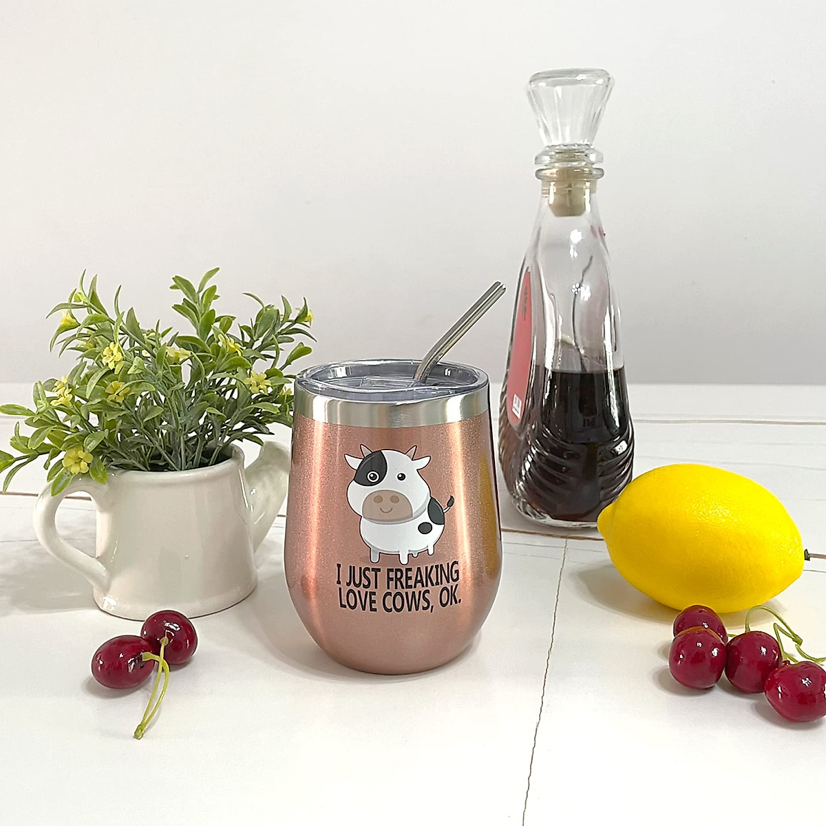 Waldeal Cows Wine Tumbler with Lid and Straw, Stainless Steel nsulated Wine Cup 12oz for Coffee, Champaign, Cocktail, Beer, Ice Cream