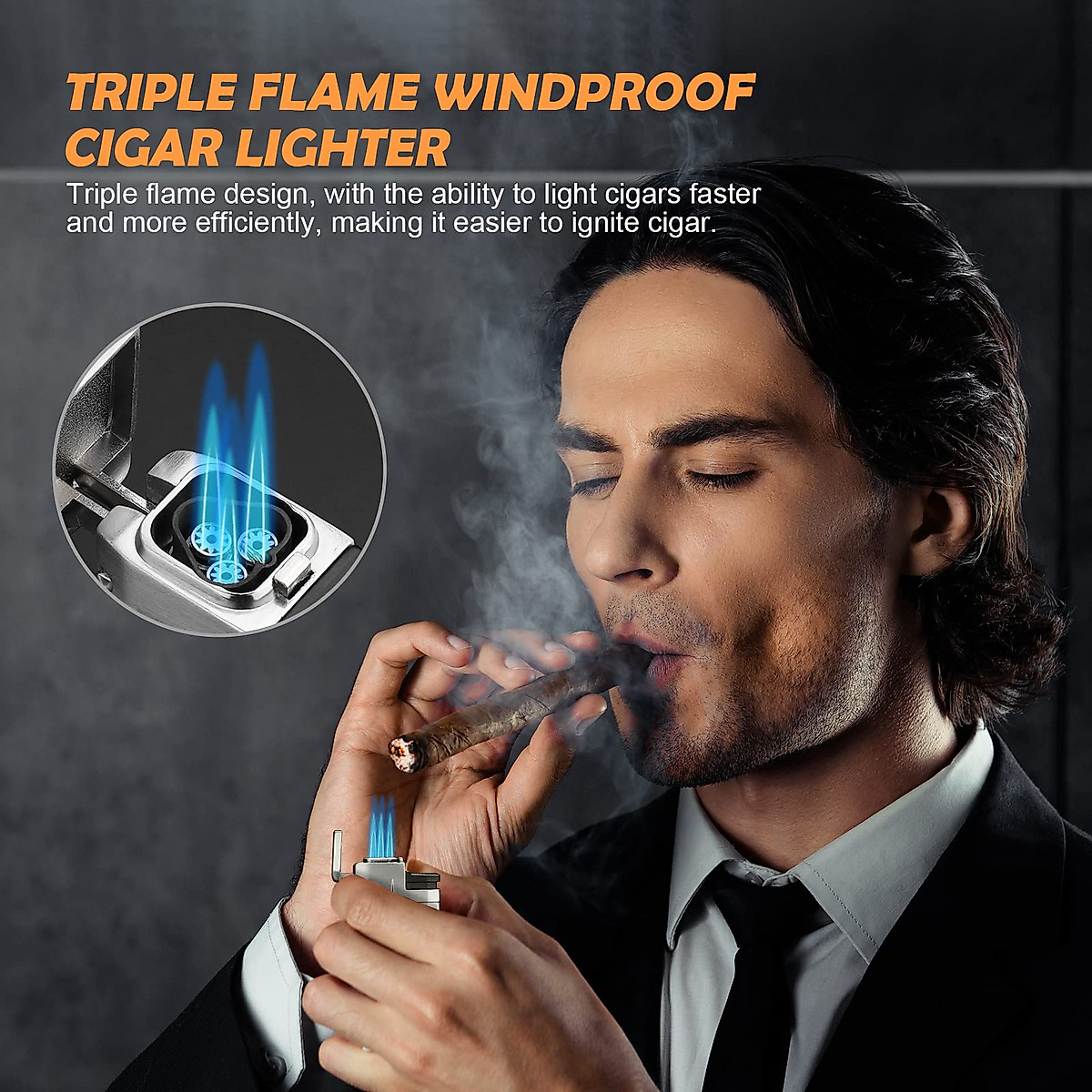 TISFA Cigar Torch Lighter, Cigar Lighter with Built in Cigar Cutter, Triple Jet Flame Butane Lighter with Visible Window, Refillable Butane Windproof Lighters (Silver)