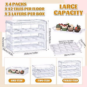 Bokon 4 Pcs 3 Tier Cupcake Carrier Stackable Cupcake Holder with Lid and Handle Plastic Cupcake Transport Container Cupcake Storage for Holding 36 Cupcakes or 3 Large Cakes, Clear