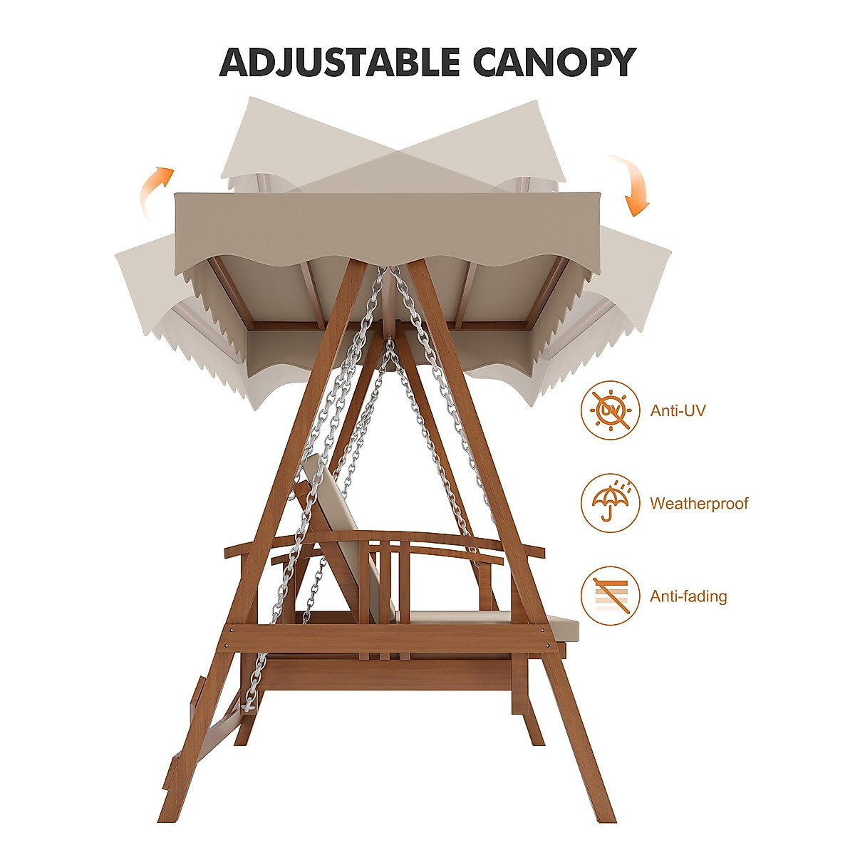 Kybolt Wooden Patio Swing with Adjustable Canopy,3-Seater Wood Patio Swing Bench Bed with Removable Cushion,Patio Swing Glider with Flatbed for Backyard Garden Balcony Poolside