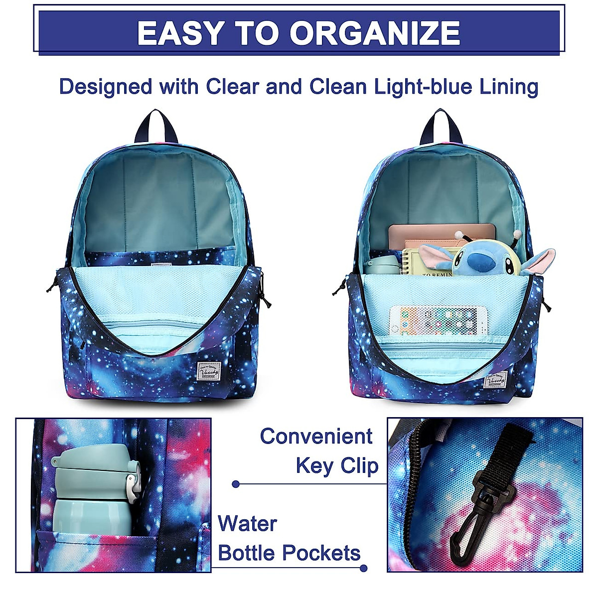 VASCHY Backpack for School, Lightweight Water Resistant Bookbag Casual Daypack for Middle School Teen Boys Girls Blue Galaxy