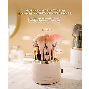 Y.duck Pink Makeup Brush Holder with Lid - 360 Rotating Makeup Organizer for Vanity - Dustproof Make Up Organizers and Storage-With Makeup Brush Cleaner Mat (White)