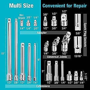 DURATECH 22-Piece Drive Tool Accessory Set, Including 1/4 3/8 1/2 Extension Bars, Socket Adapters, Universal Joints, Spark Plug Sockets, Professional Socket Accessories, Cr-V Steel, EVA Foam Package