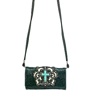 Zelris Western Turquoise Stone Cross Women Crossbody Wrist Handle Trifold Wallet (Olive)