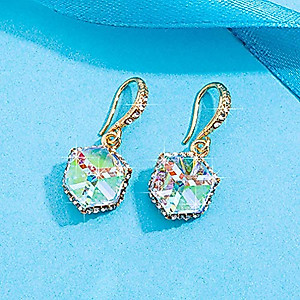 Austrian Crystal Cube Drop Dangle Earrings for Women 14K Gold Plated Hypoallergenic Jewelry (Aurora Borealis)