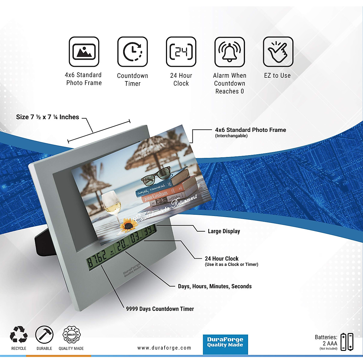 Large Display Retirement Countdown Clock and 4x6 Picture Frame, Countdown Retirement Clocks are Fun Gifts for Women Change Photo & Set Day Timer for Vacation Wedding Christmas Baby Birthday Halloween