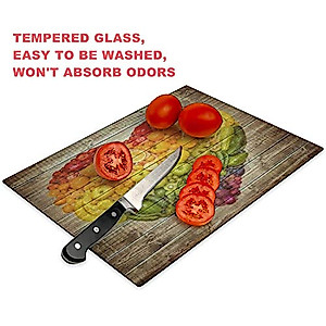 Tempered Glass Cutting Board Rainbow heart of fruits and vegetables Tableware Kitchen Decorative Cutting Board with Non-slip Legs, Serving Board, Large Size, 15" x 11"