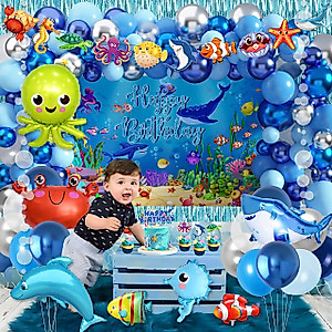 Under the Sea Party Decorations 98Pcs, Ocean Theme Birthday Party Supplies Include Backdrop Tablecloth Bubble Garlands Cake Topper Ocean Animals Balloons for Pool Beach Party Baby Shower (Ocean-01)
