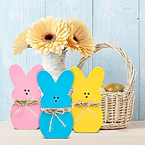 Whaline 3Pcs Easter Bunny Wood Sign Pink Blue Yellow Easter Rabbit Table Centerpiece with 32.8ft Jute Rope Freestanding Bunny Tabletop Tiered Tray Decor for Spring Birthday Home Farmhouse Party