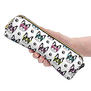 French Bulldog Dog Paw Leather Pencil Case Bag with Zipper Women Makeup Bag Durable Portable Suitable for School Work and Office 8.3 x 2.2 In