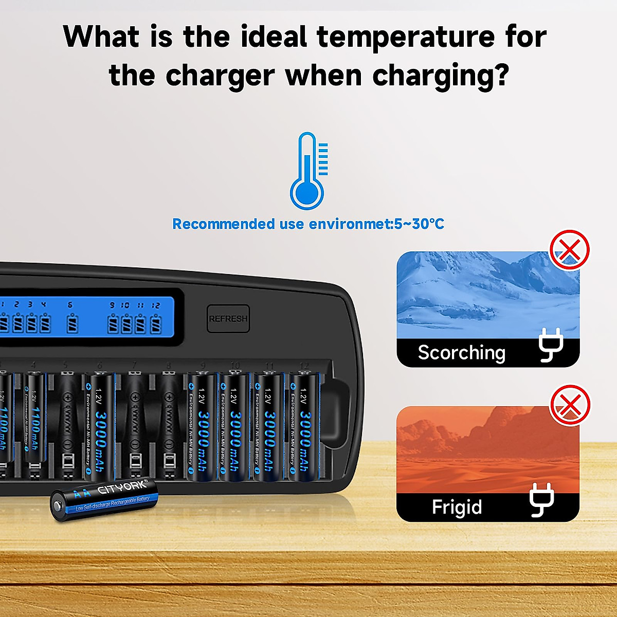 CITYORK 24 Bays Large Smart Battery Charger LCD Display Quick for 1.2V AA/AAA NiMH/NiCd Rechargeable Batteries with Built-in IC Protection & AC Wall Adapter