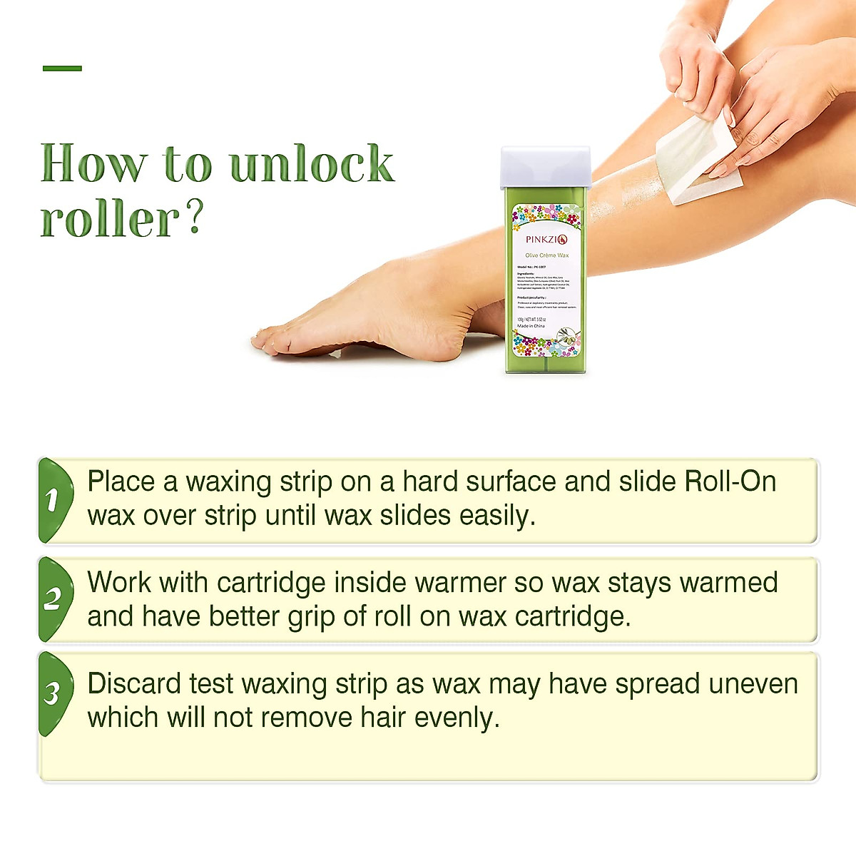 Depilatory Wax Cartridge Roll On for Wax Warmer - PINKZIO Olive Roll On Wax Refills, Wax Roller for Legs and Arms, 3.52 Ounce (Pack of 3) (Not Including Wax Warmer and Strip)