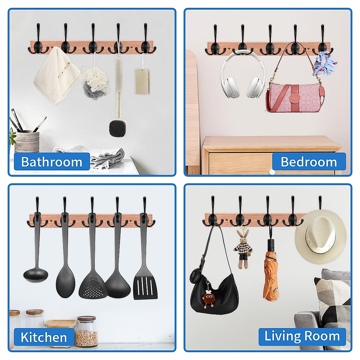 Coat Rack Wall Mounted, Entryway Wall Clothes Rack Hooks with 5 Heavy Duty Metal Three Hooks, Wooden Coat Hooks Wall Mount with 2 Mounting Types for Hanging Jacket, Backpack, Towel, Keyholder, Hats