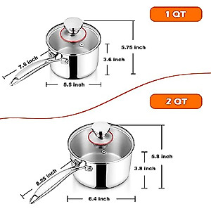 TeamFar 1qt & 2 qt Saucepan with Lid, Stainless Steel Tri-ply Small Cooking Pot Milk Pasta Sauce Pan with Ergonomic Handle, for Induction/Gas/Electric/Ceramic, Non-Toxic & Heavy Duty, Dishwasher Safe