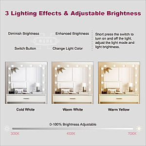 Vanity Desk with Mirror and Adjustable Lights, One Drawer Storage Makeup Table with Stool - Vanity Set for Bedroom (White)