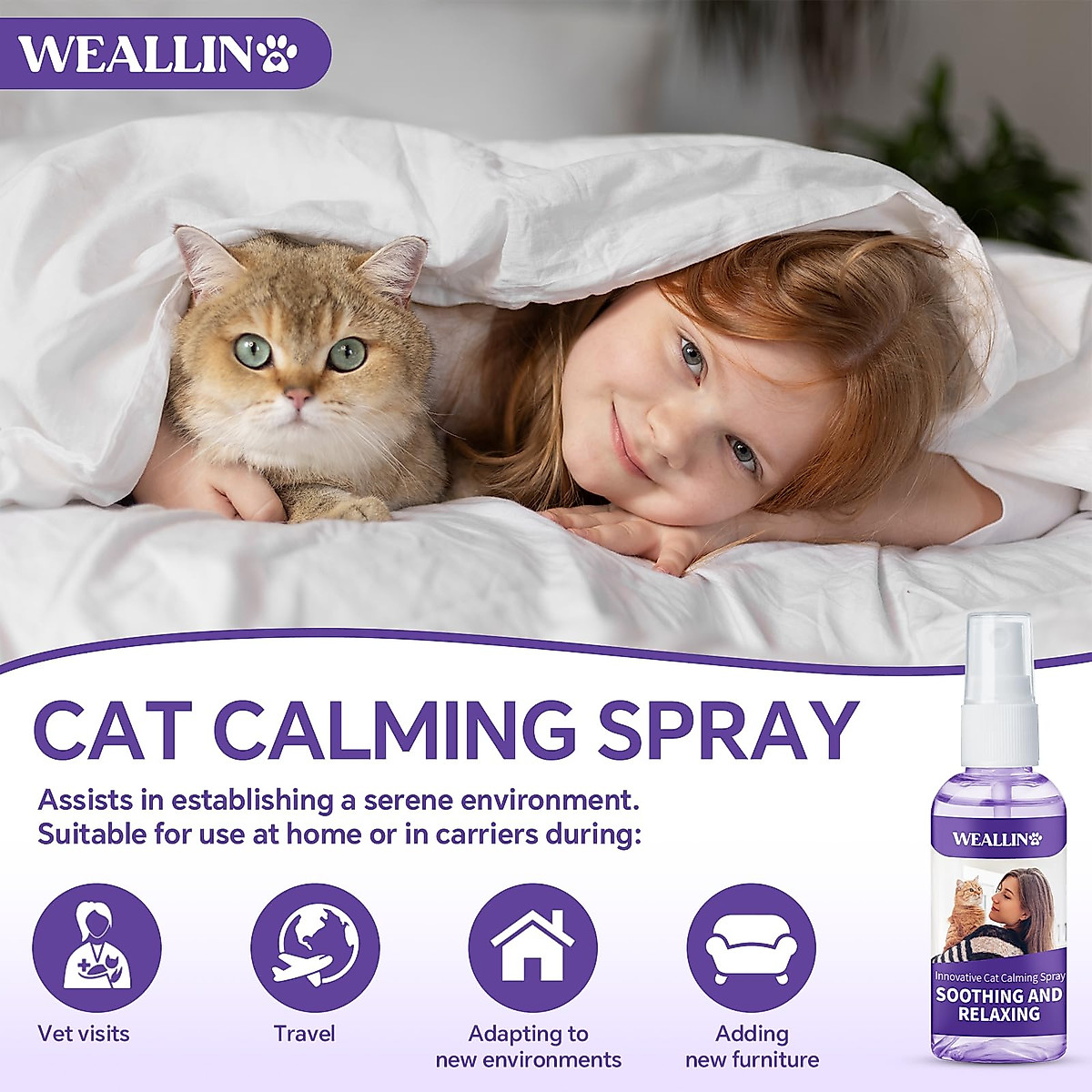 WEALLIN Cats Calming Spray (60 ML), Natural Calming Solution for Cats-Cat Facial Pheromone, Reduce Stress, Anxiety, Scratching, Hiding, Suit for Home, Travel, Vet Visits, Protect Furniture, Floors