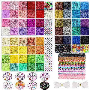 Glass Beads for Jewelry Making, Funtopia 60 Colors 36600pcs+ Small Seed Beads for Bracelets Making, 2mm Tiny Beads with 3 Storage Box, Letter Beads & Evil Eye Beads, DIY Art Craft Kit for Girls Women