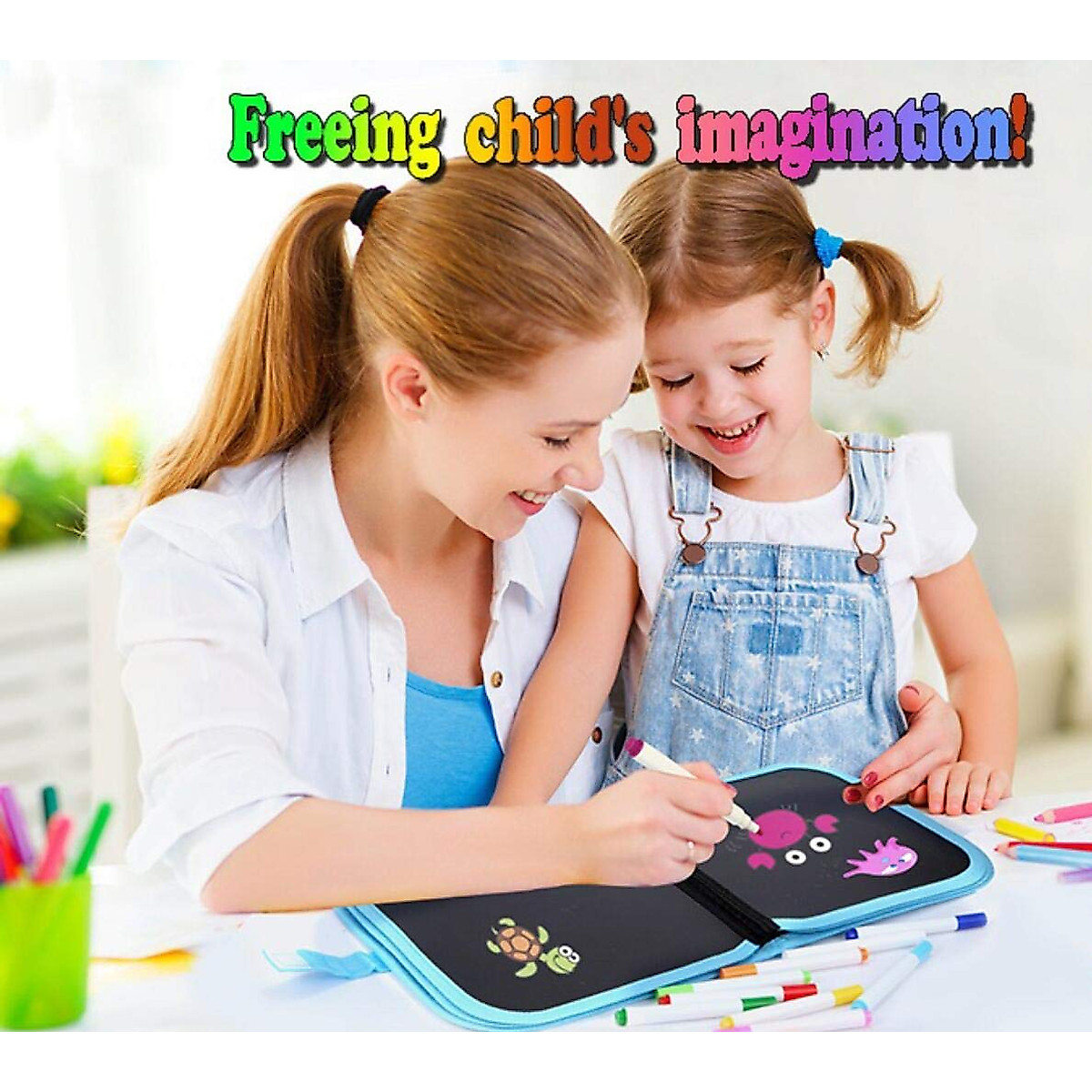 T-Antrix Kids Erasable Doodle Book Set, Reusable Drawing Pads, Preschool Travel Art Toy Scribbler Board for Travel, Road Trip, 14 Pages with 12 Watercolor Pens