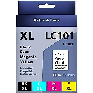 INKjetsclub High Yield Ink Cartridge Replacement for Brother LC101/103. Works with MFC-J285DW MFC-J4310DW MFC-J4410DW MFC-J450DW MFC-J4510DW Printers. 4 Pack (Black, Cyan, Magenta, Yellow)