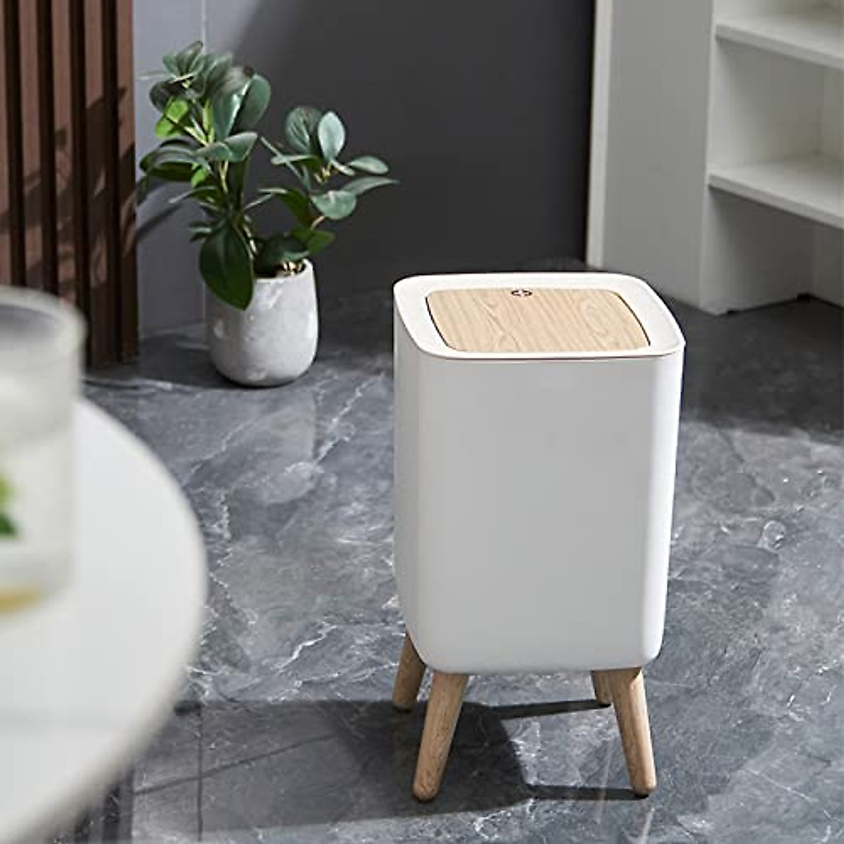 Nordic Style Trash Can,Push Top Garbage Bin with Lid,White Top Spring Waste Basket,Dog Proof Trash can，Plastic Trash Bin Suitable for Kitchen,Bathroom,Bedroom,Living Room,Office,Outdoor