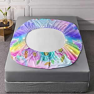 XYNHML Kid Unicorn Fitted Sheet Set Twin Size Rainbow Flower Star Pattern Kid Bed Sheet Cute Unicorn Butterfly Bedding Set for Boys Girls Includes 1 Fitted Sheets & 2 Pillowcases No Flat Sheet