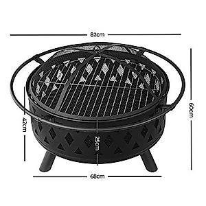 LEAYAN Garden Fire Pit Grill Bowl Grill Barbecue Rack Round Large Fire Pit with Protective Cover and Poker, Steel Outdoor Patio Heater, Garden and Charcoal Burner, Black,Outdoor Fire Pits