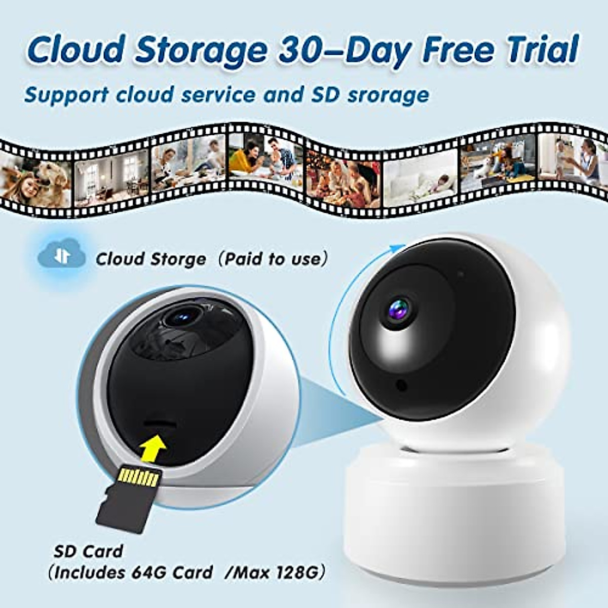 Indoor Security Camera, 2K HD Pan/Tilt Wireless Pet Camera for Baby Monitor, 5G & 2.4G WiFi Home Security Camera for Dog/Nanny, Night Vision, Siren, Compatible with Alexa (64G SD Card)