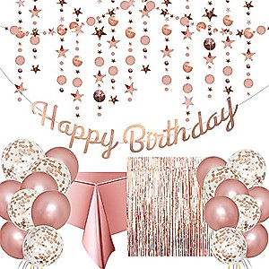 Rose Gold Birthday Party Decoration - Happy Birthday Banner, Glitter Circle Dot Garland Streamer, Rose Gold Fringe Curtain, Foil Tablecloth, Rose Gold Balloons, for Women Girl Birthday Party