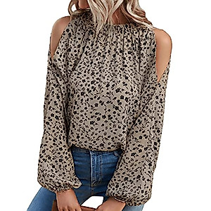 Verdusa Women's Cold Shoulder Bishop Sleeve Floral Print Blouse Shirt Top Khaki L