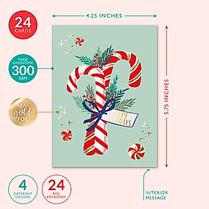 Christmas Cards Set - 24 Gold Foil Holiday Cards with Red Envelopes – 6 Assorted Designs Boxed for Easy Storage - 4.25 x 5.75, Bulk Greeting and New Years Decor Sheets