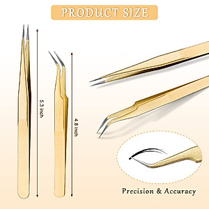 6 Pieces Eyelash Extension Tweezers, Straight and Curved Tip Stainless Steel Tweezers Nippers Volume Lash Tweezers for Eyelash Extensions False Lash Application Tools (Gold)