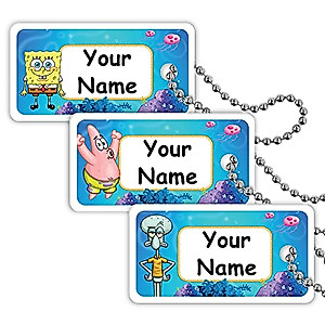 Spongebob Squarepants Theme 3 Mini Personalized Waterproof Custom Name Bag Tags with Chain attachments