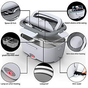 Electric Lunch Box Food Heater for Work, 80 W Food Warmer for Car Truck Travel with 2 Stainless Steel Containers 1.5 Liters Potable Self Heating lunch Box for Adults lonchera eléctrica portátil