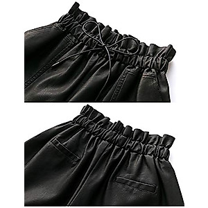 SCHHJZPJ High Waisted Wide Leg Black Faux Leather Shorts for Women (Black, L)