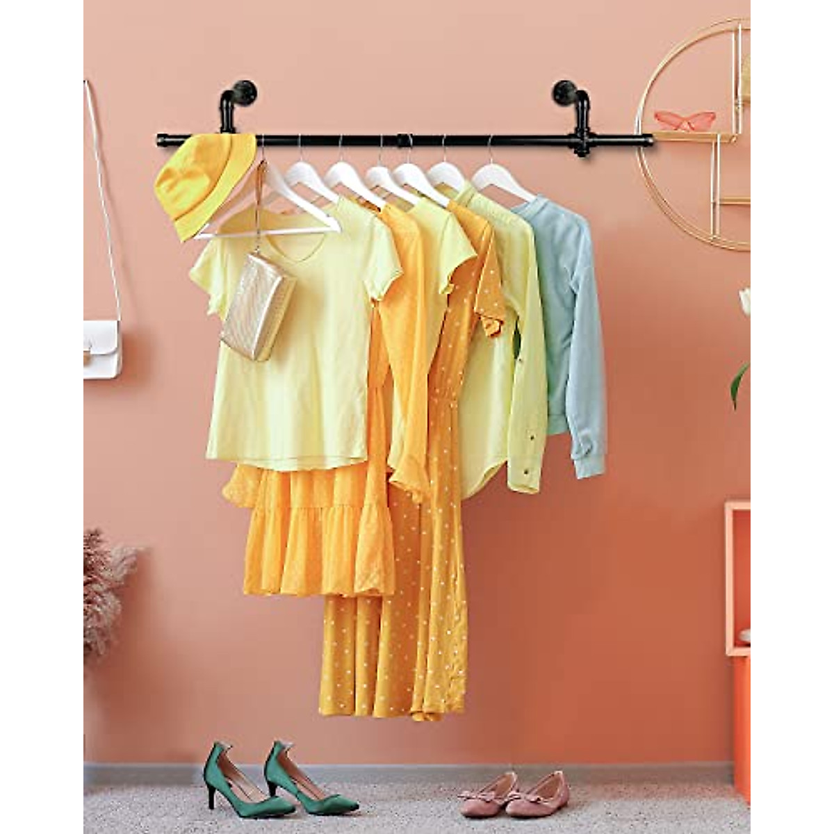 MUZIK 2Pcs Clothes Rack, 45 Inch Industrial Pipe Wall Mounted Garment Rack, Multi-Purpose Closet Rods for Hanging Clothes, Heavy Duty Detachable Hanging Rod for Laundry Room and Closet Storage