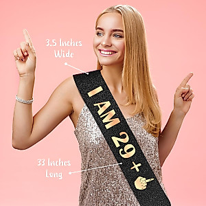 PartyForever 30th Birthday Decoration Sash for Women I AM 29 Plus 1 Middle finger Black 32 inch Long with Rose Gold Letters for Her