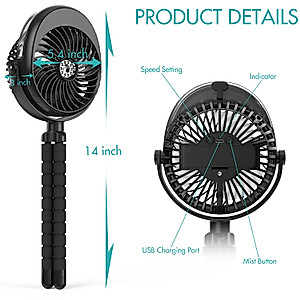 COMLIFE Misting Baby Stroller Fan, 270° & 360° Pivoting Portable Fan, Battery Operated USB Fan, Handheld Misting Fan, with Flexible Tripod Clip on Car Seat Crib Bike Treadmill Bunk Bed