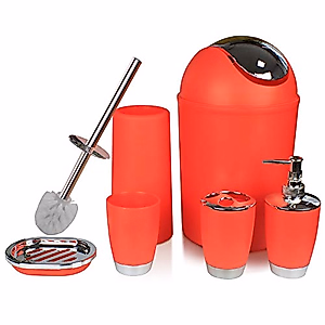 Bathroom Accessories Set of 6 Plastic Bathroom Accessories Toothbrush Holder, Flush Cup, Soap Hand Sanitizer Bottle, Trash Can, Toilet Brush with Stand (RED)