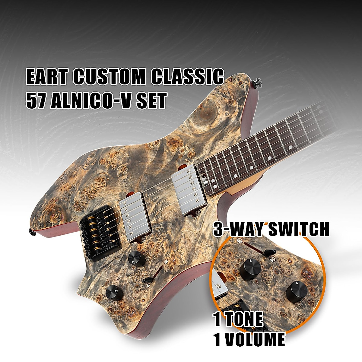 EART Headless Electric Guitar GW2 fixed Bridge for 6 String Travel Guitar For Travel and Performance Right, Stainless Steel Frets,Black